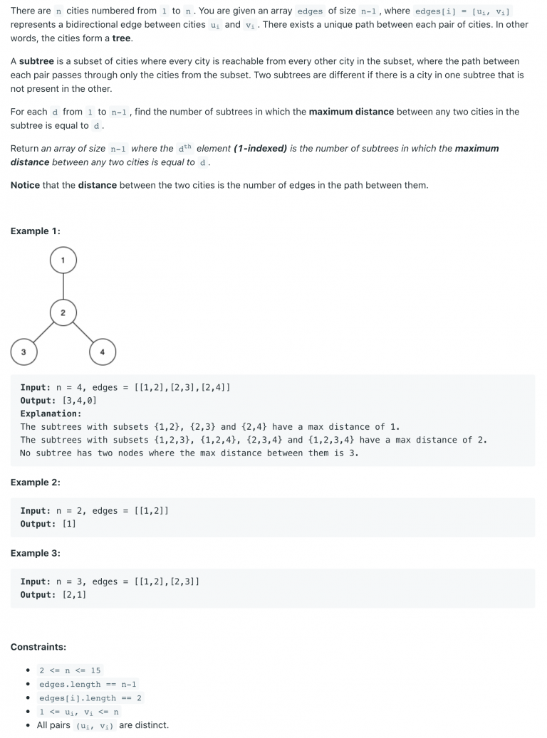 1617. Count Subtrees With Max Distance Between Cities – Kickstart Coding