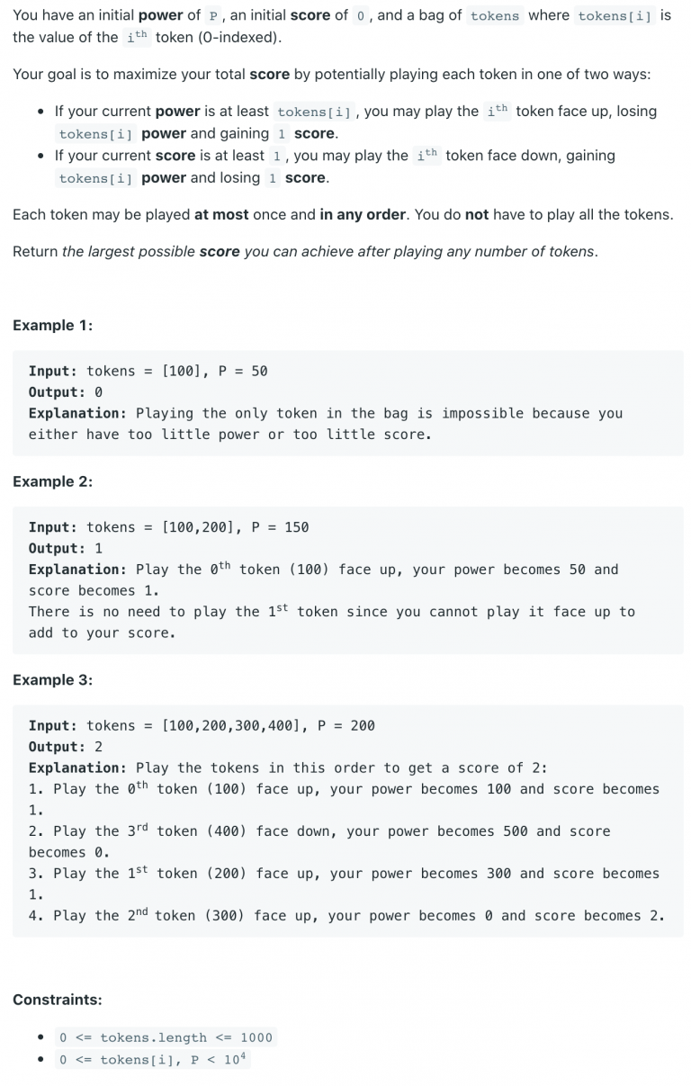 948. Bag of Tokens – Kickstart Coding