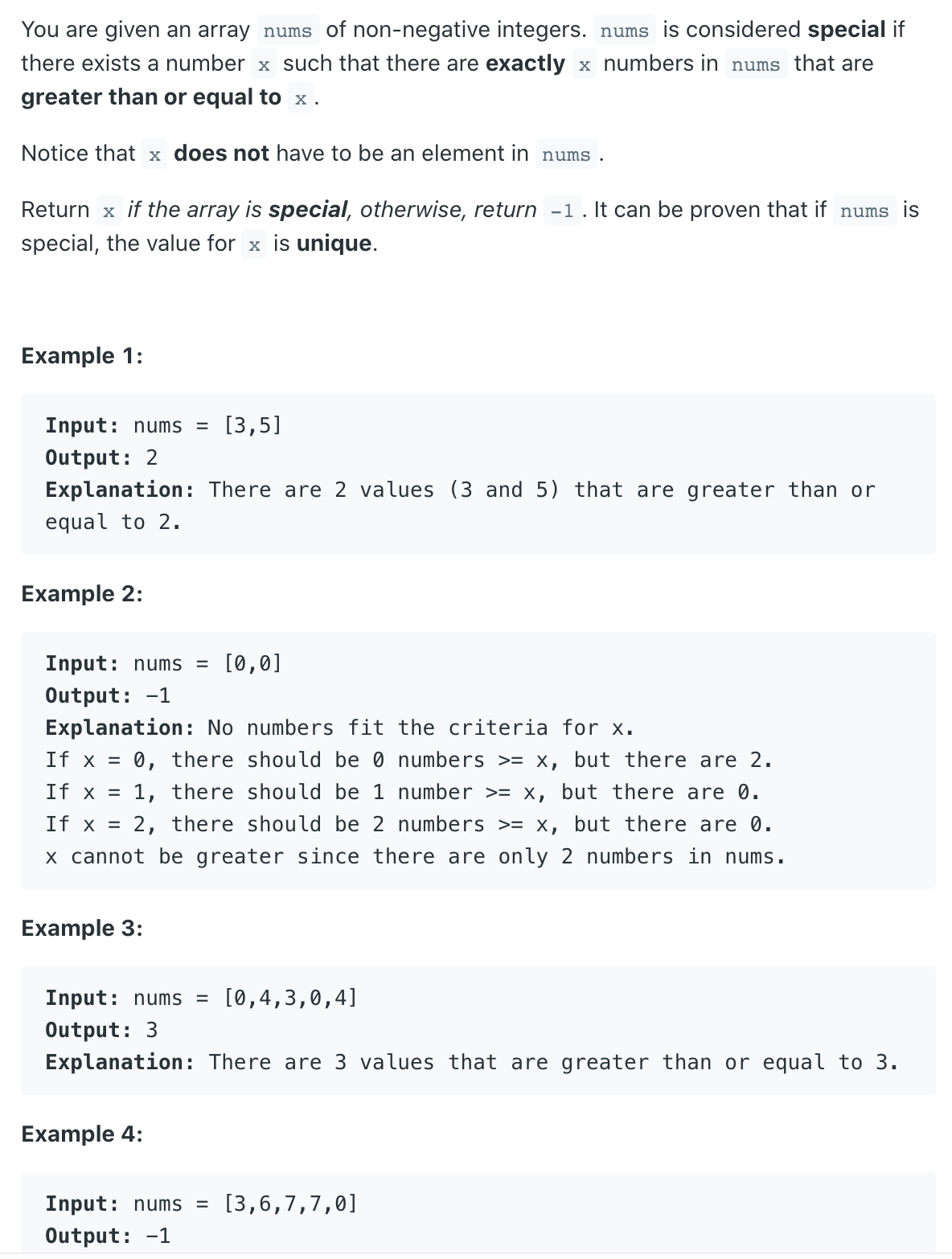 1608. Special Array With X Elements Greater Than or Equal X – Kickstart Coding