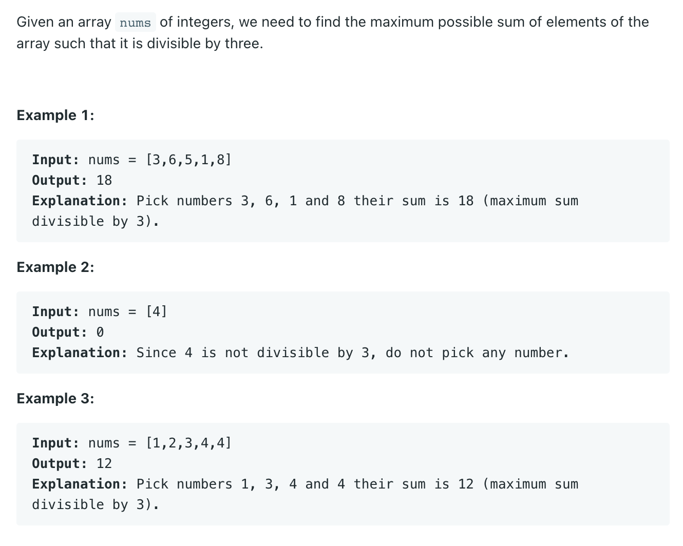 1262 Greatest Sum Divisible By Three Kickstart Coding 