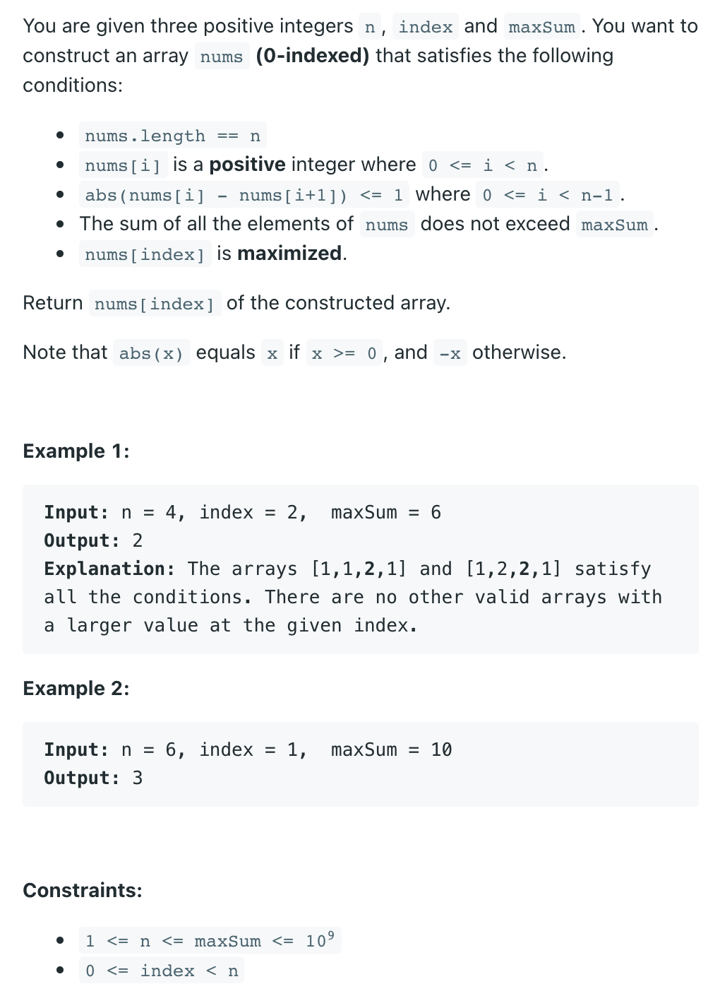 1802 Maximum Value At A Given Index In A Bounded Array Kickstart Coding