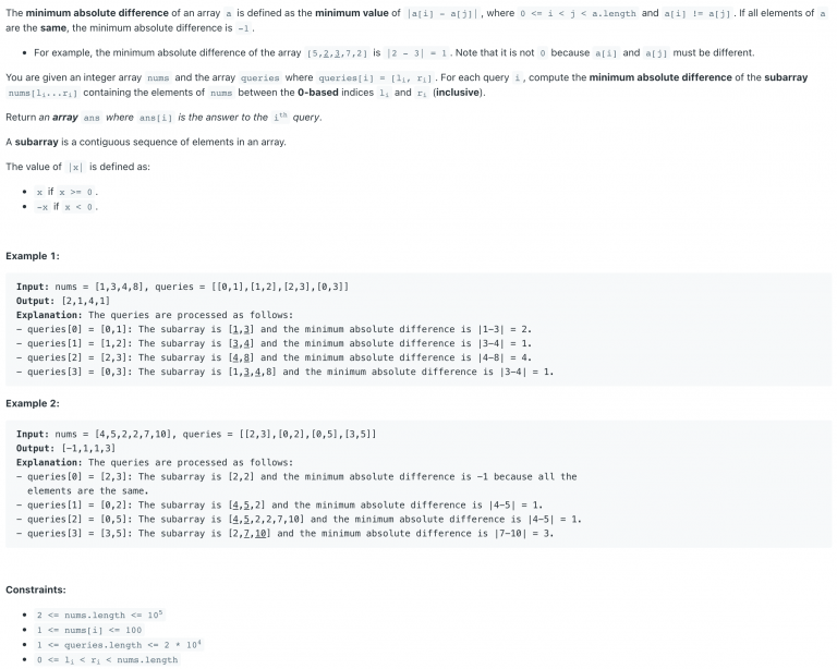 1906. Minimum Absolute Difference Queries – Kickstart Coding