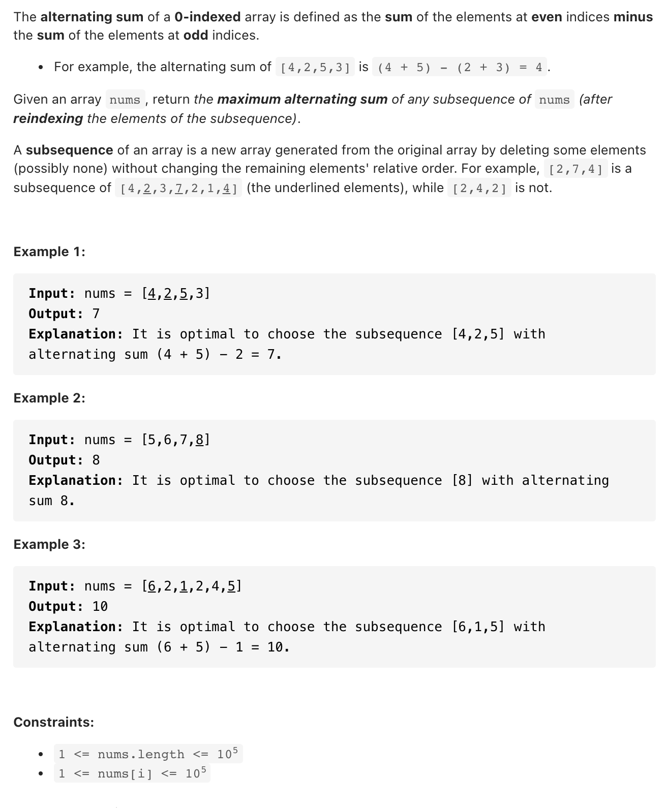 1911 Maximum Alternating Subsequence Sum Kickstart Coding