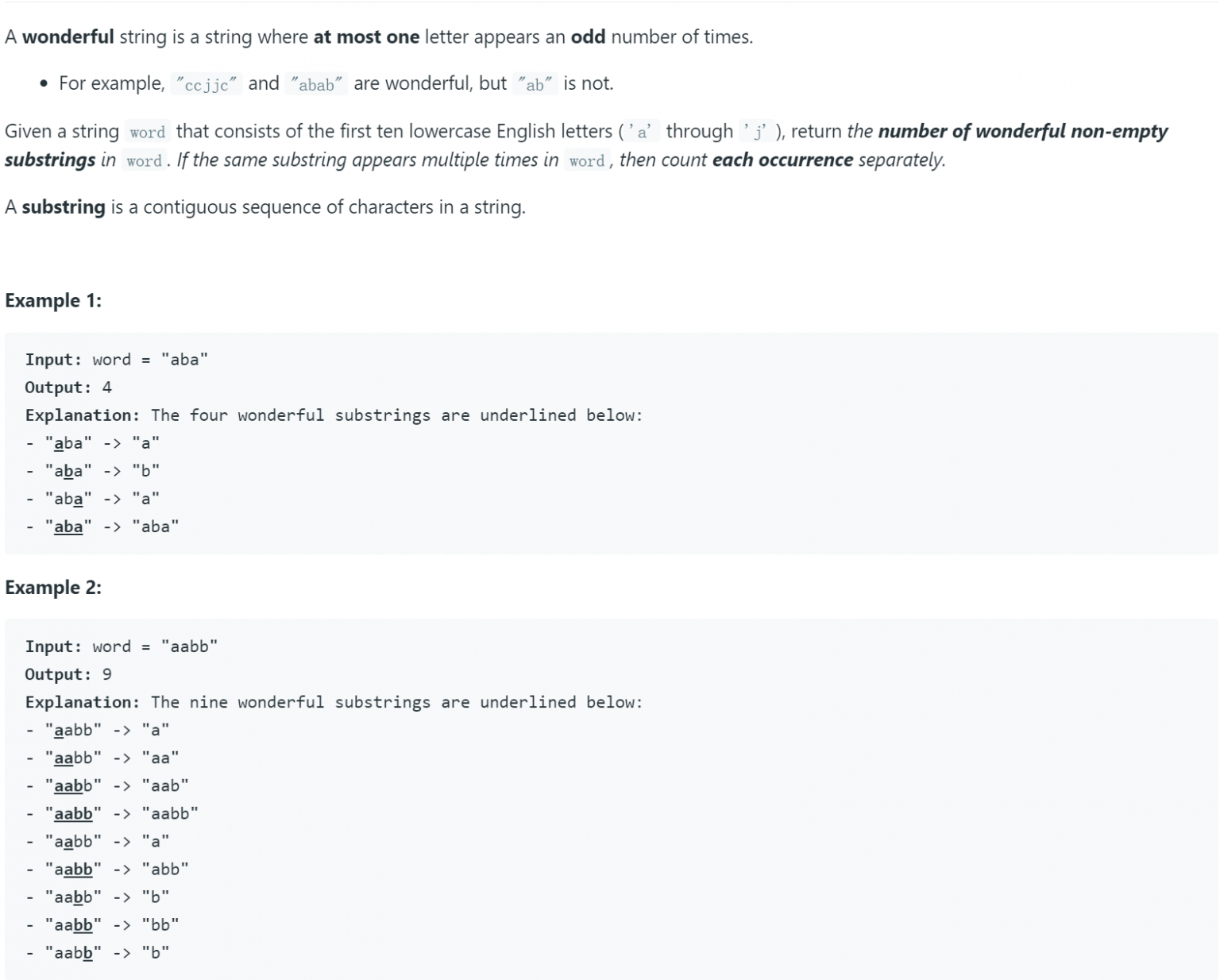 1915. Number of Wonderful Substrings – Kickstart Coding