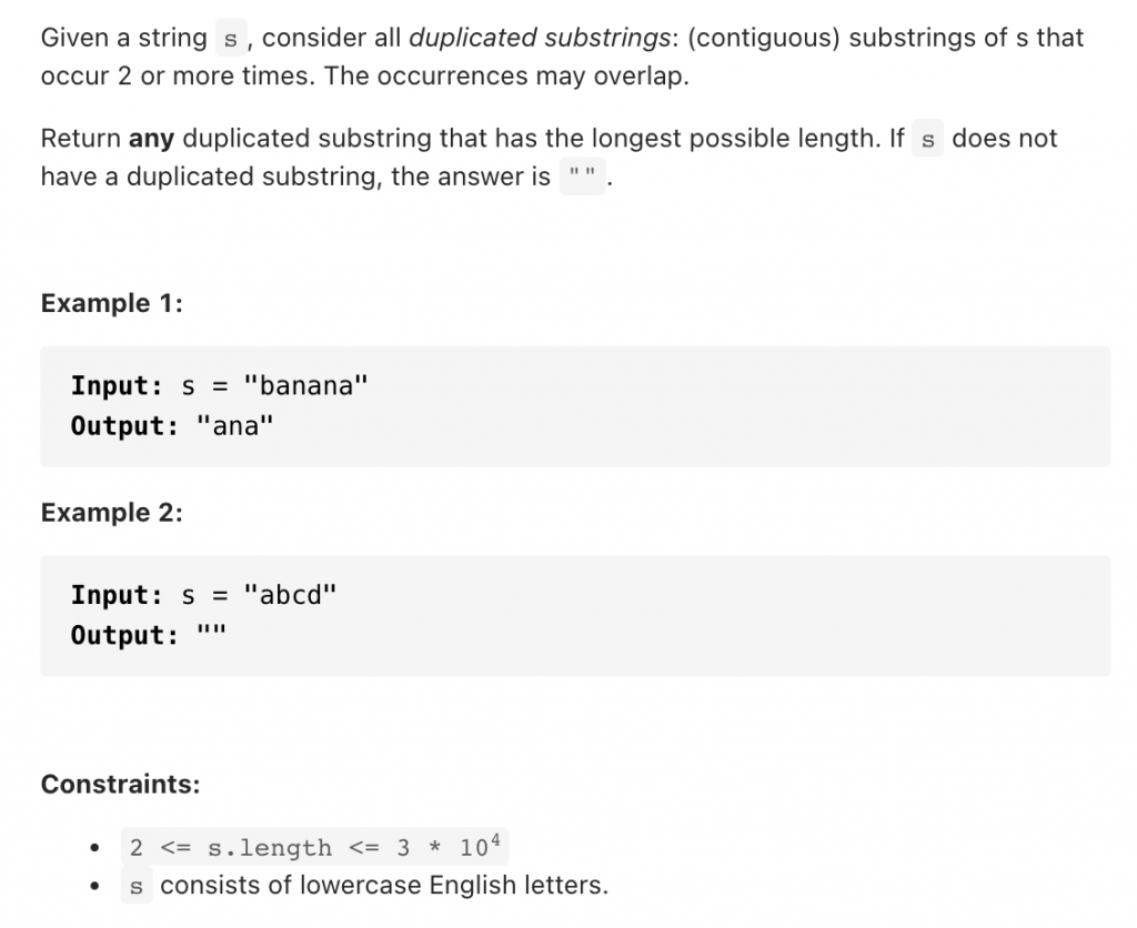 1044 Longest Duplicate Substring Kickstart Coding