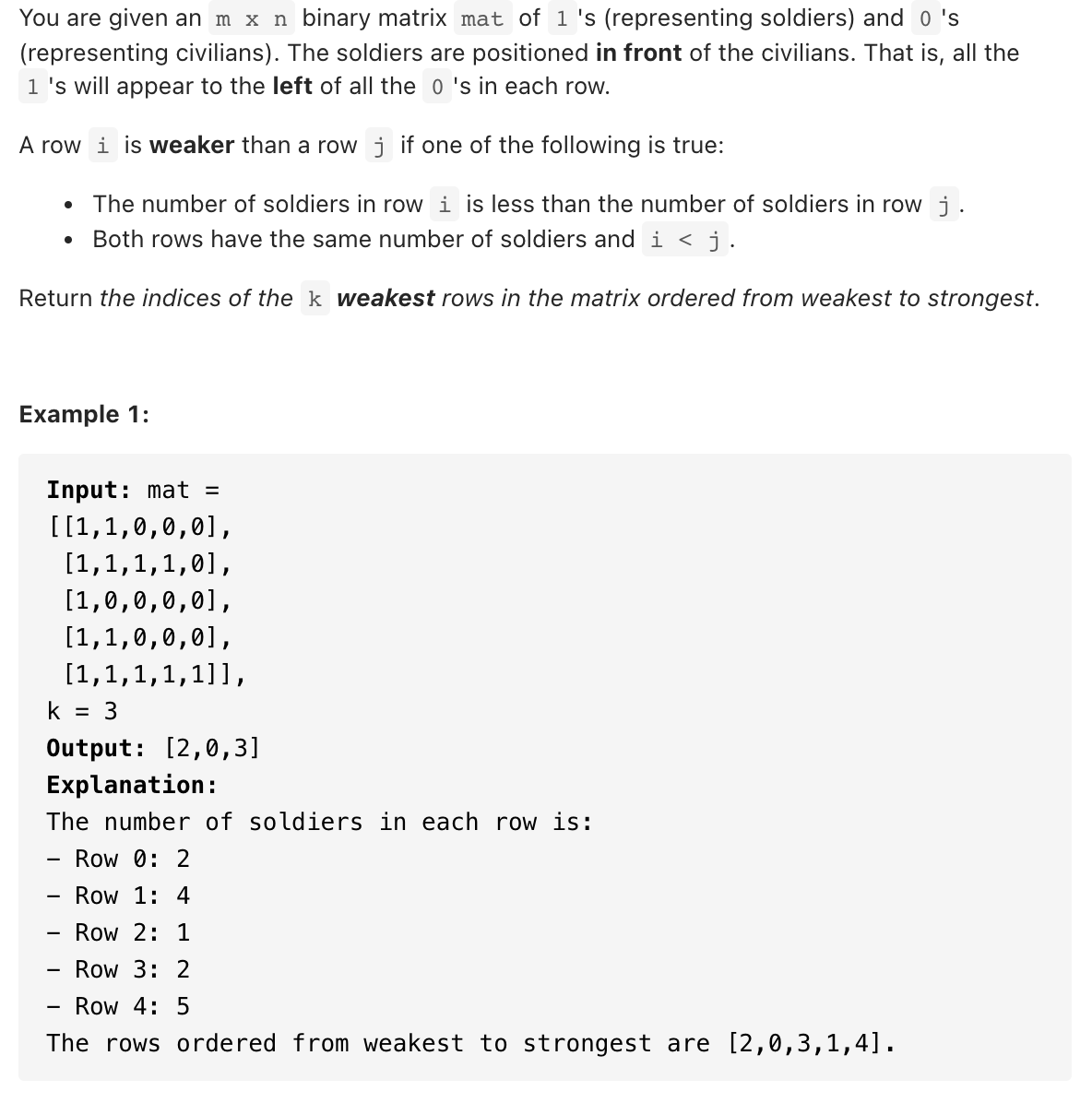 1337 The K Weakest Rows In A Matrix Kickstart Coding