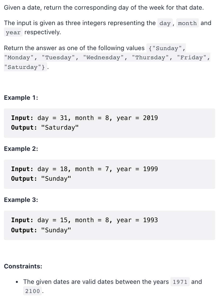 1185. Day of the Week – Kickstart Coding