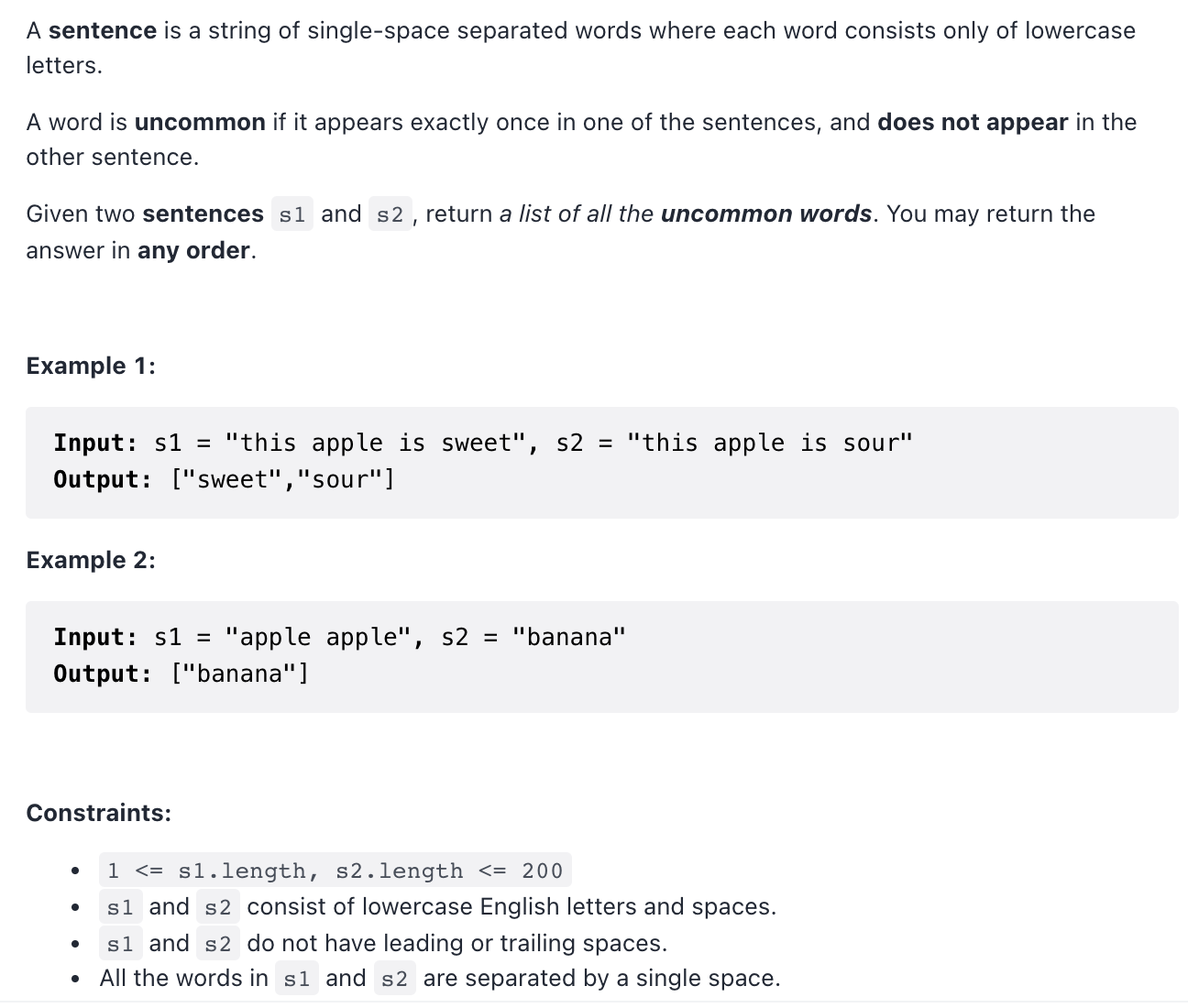 884. Uncommon Words from Two Sentences – Kickstart Coding