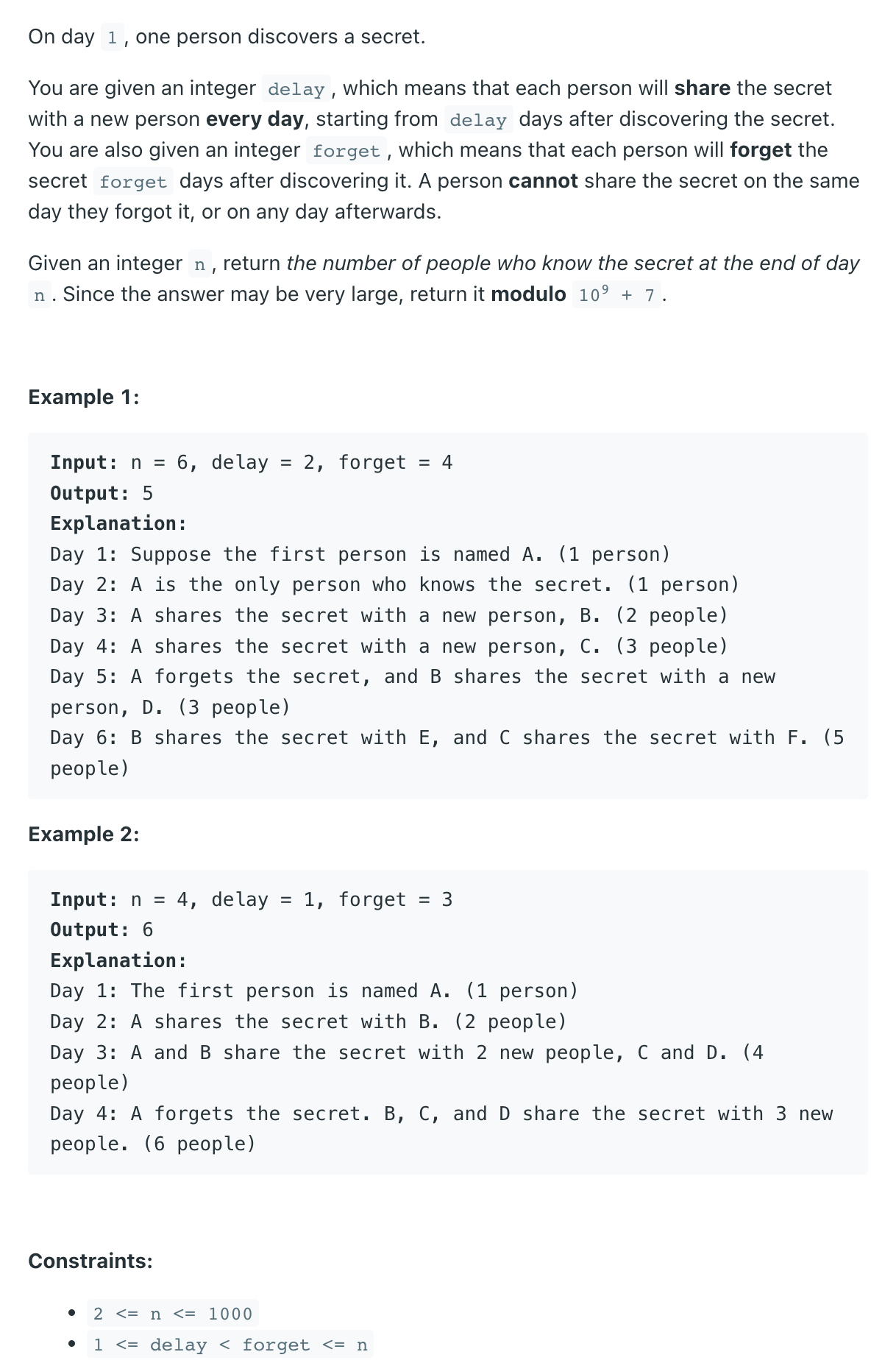 2327. Number of People Aware of a Secret – Kickstart Coding