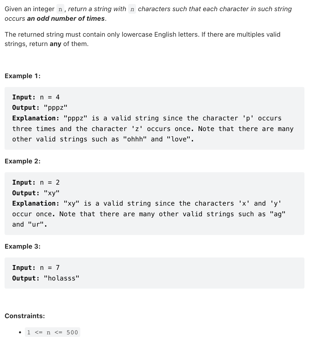 1374 Generate A String With Characters That Have Odd Counts Kickstart Coding